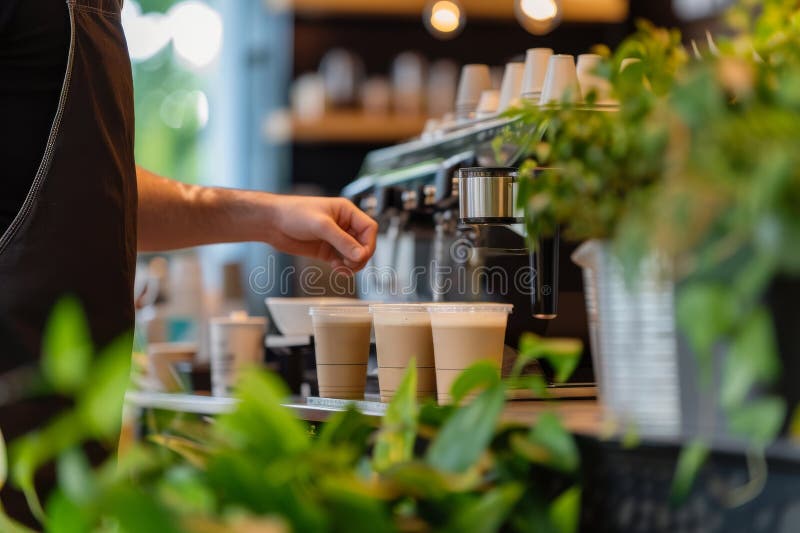 Barista Working in Modern Cafe. Male Barista Hands Making Ice Coffee ...