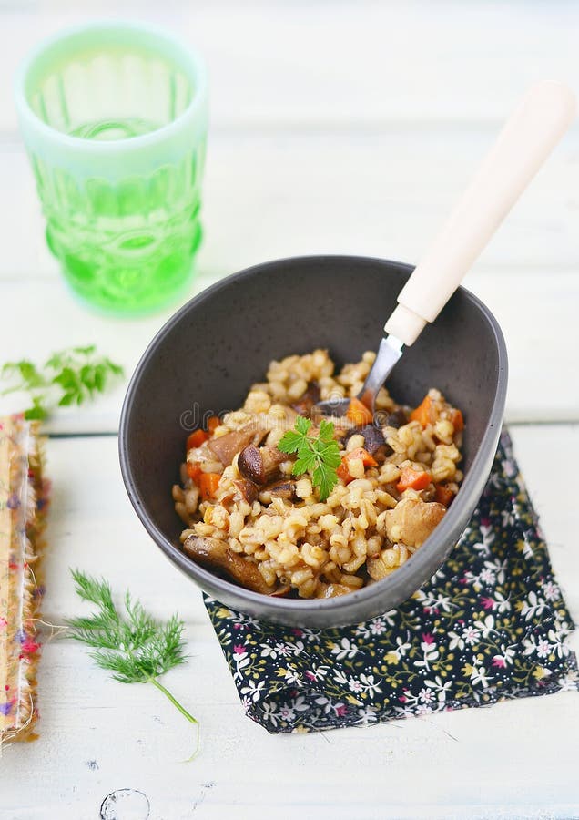 Barley Groats with Mushroom Stock Photo - Image of gastronomy, pearl ...