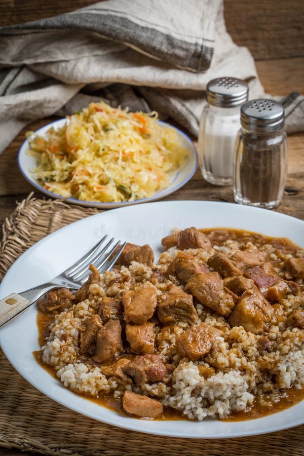 Barley Groats with Stewed Meat Stock Photo - Image of healthy, lunch ...
