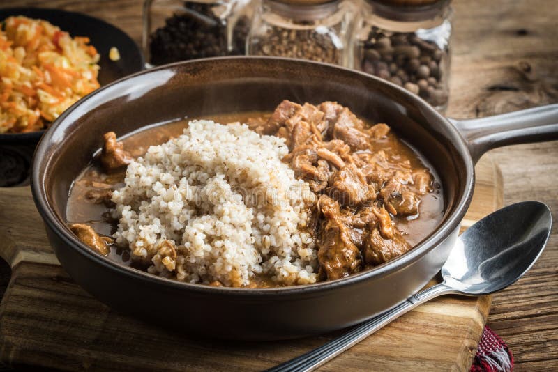Barley Groats with Stewed Meat. Stock Image - Image of polish, wooden ...