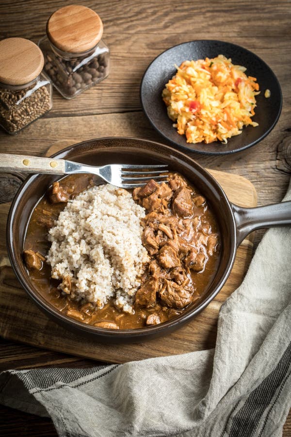 Barley Groats with Stewed Meat Stock Image - Image of lunch, table ...