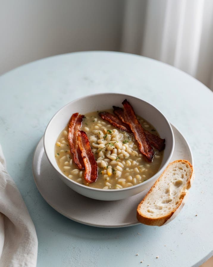 Barley Soup with Smoked Bacon and Fresh Bread on a Light Blue Surface ...