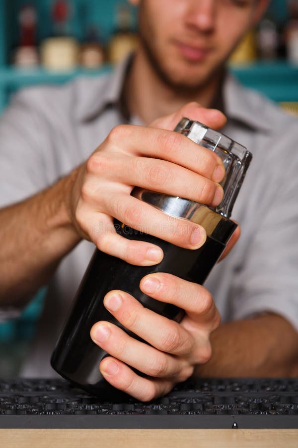 Barman in Bar Shaking and Mixing Alcohol Cocktail, Shaker Closeup Stock ...