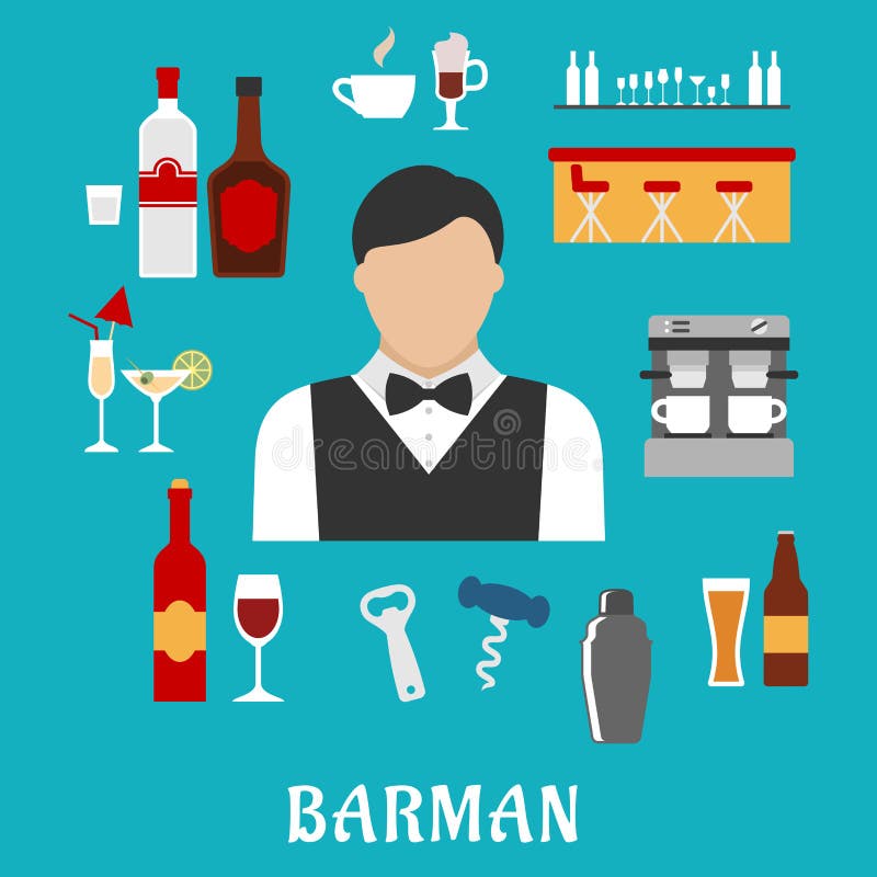 Barman and Bartender Flat Icons Stock Vector - Illustration of alcohol ...