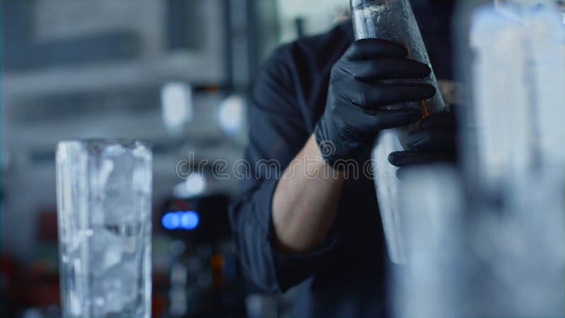 Barman Hands Making Cocktails Closeup. Preparing Beverage Process in ...