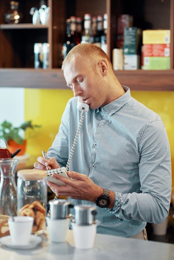 Barman Making Phone Call stock image. Image of order - 224062645