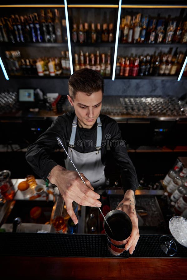 Barman Stirring Cocktail in Shaker with Spoon Stock Image - Image of ...