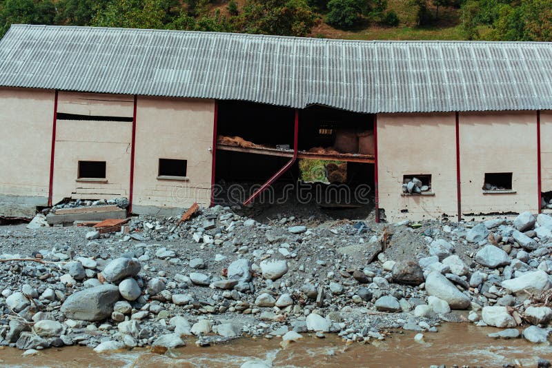 Barn Destroyed by a Natural Rockfall Disaster Stock Photo - Image of ...