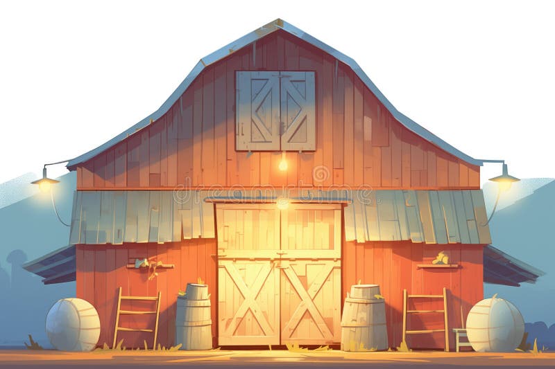 A Barn at Dusk, with Warm Light Spilling Out of Barn Door Stock ...