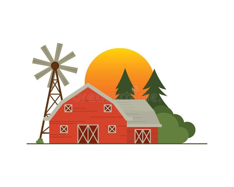 Barn Farm with Trees and Sunset Illustration Stock Vector ...
