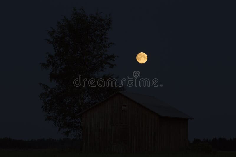 Barn in Farmfield by Tree with a Full Moon Stock Photo - Image of ...