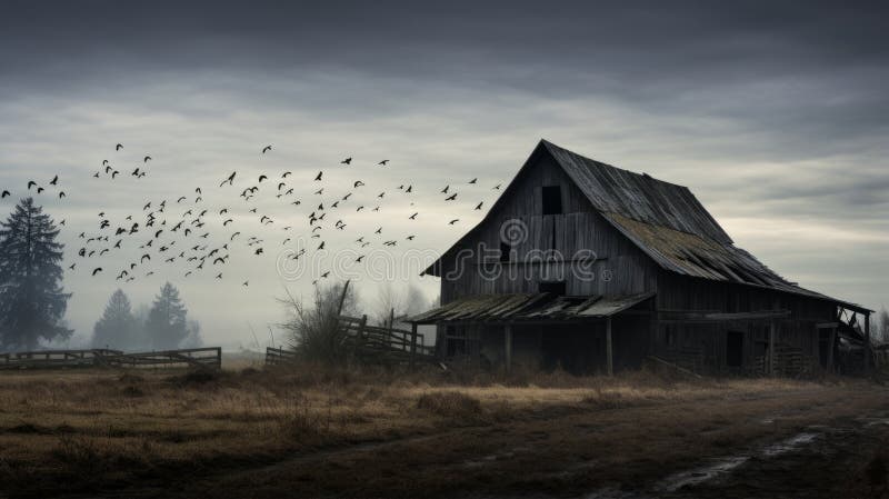 Barn in a Field with a Flock of Birds Flying Over it Stock Illustration ...