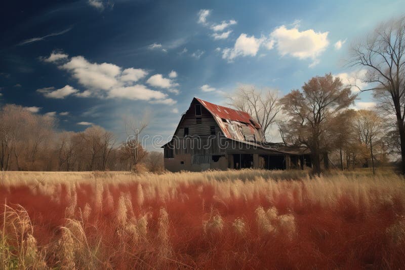 A Barn in a Field with a Red Roof and a Red Tin Roof on the Side of the ...