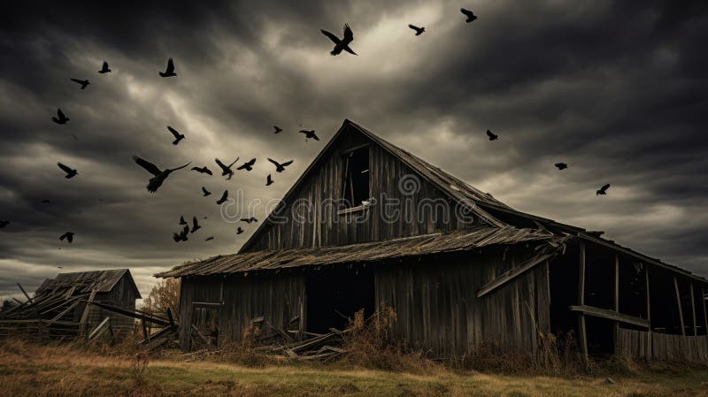 Barn with a Flock of Birds in Flight Stock Illustration - Illustration ...