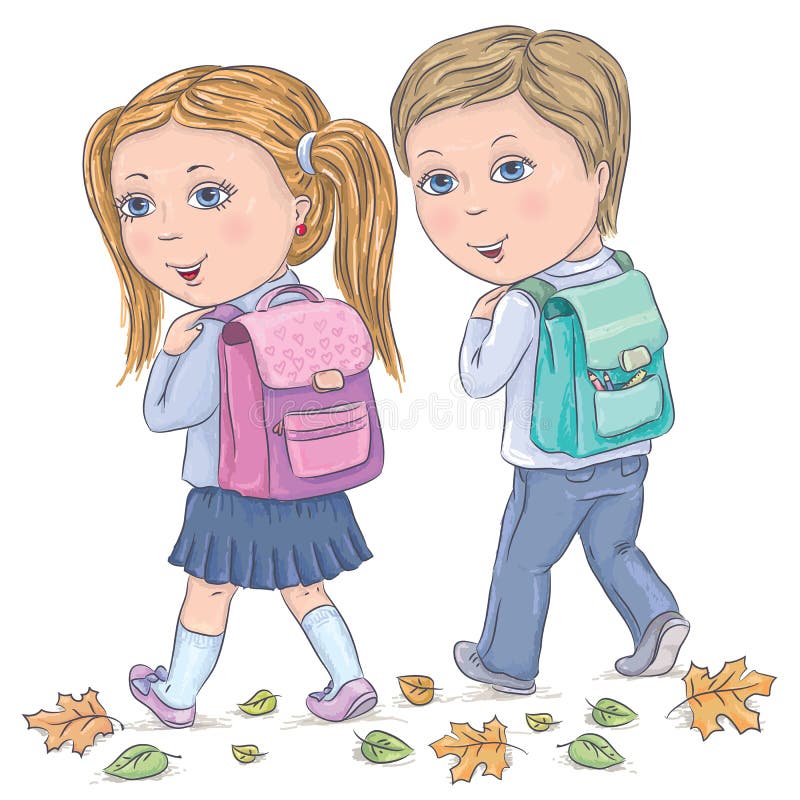 Barn går skolan till vektor illustrationer. Illustration av ...