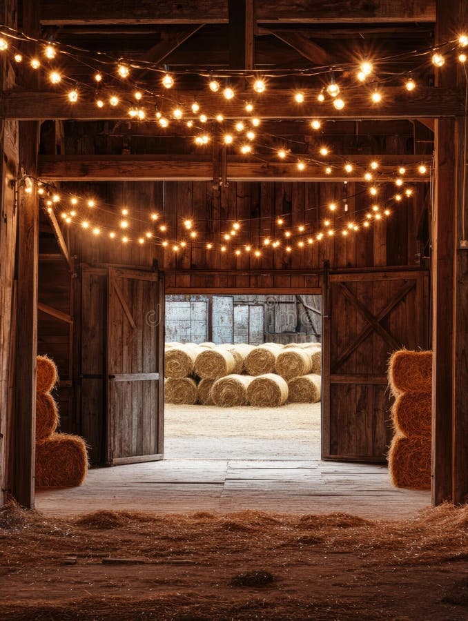 Barn with Hay Bales and Lights Hanging from the Ceiling Stock Photo ...