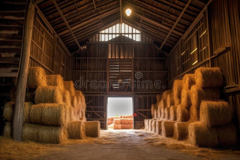 Barn with Hay Bales Stacked Neatly Inside Stock Illustration ...