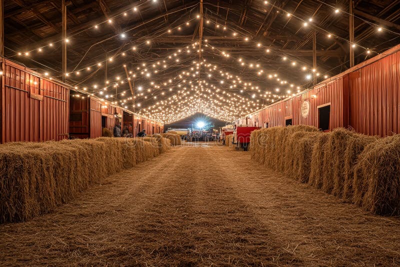 Barn with Hay and Lights Hanging from the Ceiling Stock Image - Image ...