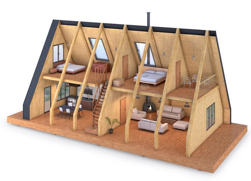 Barn House Style Cut, View of the Kitchen and Living Room. Stock ...