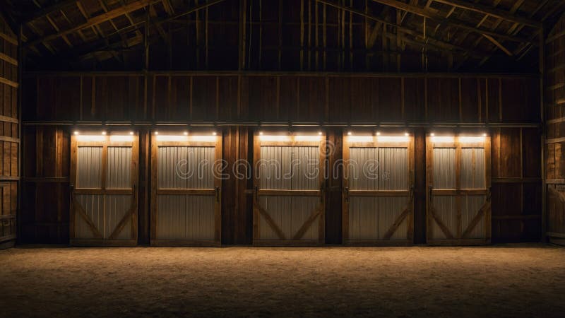 Barn Interior with Illuminated Stable Doors and Rustic Wooden ...
