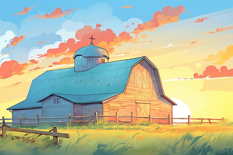A Barn with Large Eaves Against a Prairie Backdrop during Sunset ...