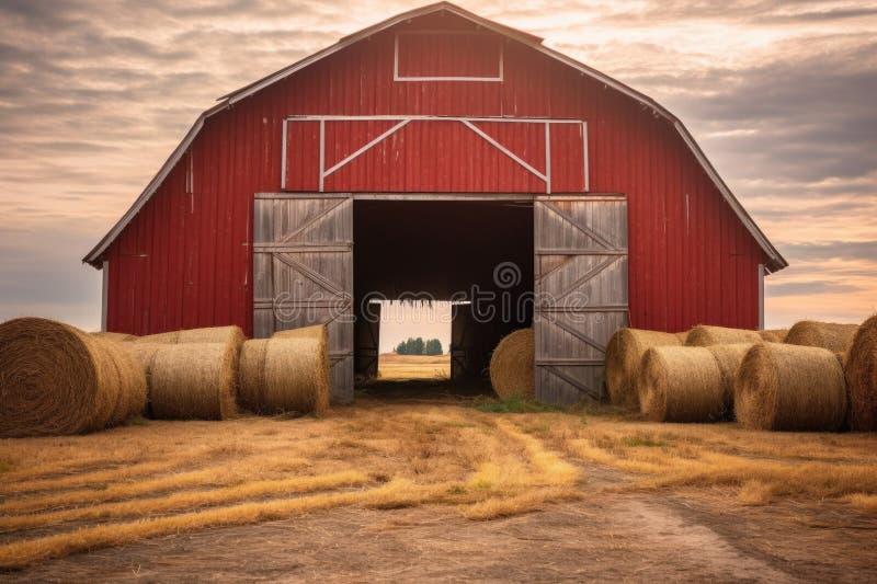Barn with Large Open Doors Revealing Hay Bales Inside Stock Image ...