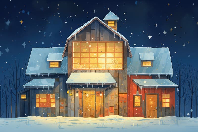 Barn at Night, Illuminated Windows, Falling Snow Stock Image - Image of ...