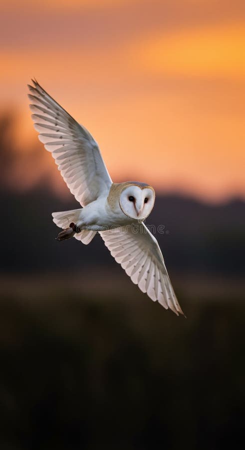 Barn Owl in Flight at Sunset Stock Illustration - Illustration of fauna ...