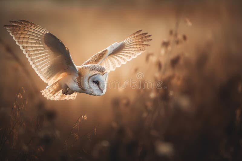 A Barn Owl Flying through a Field of Tall Brown Grass Stock ...