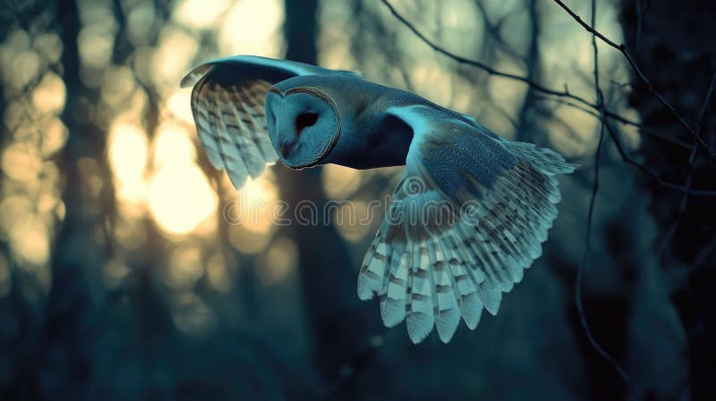 Barn Owl Flying through Forest Sunset Stock Image - Image of bird ...