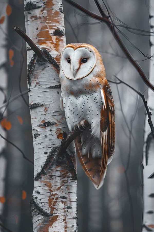 Barn Owl Perched on Birch Tree in Autumn Forest with Muted Colors and ...