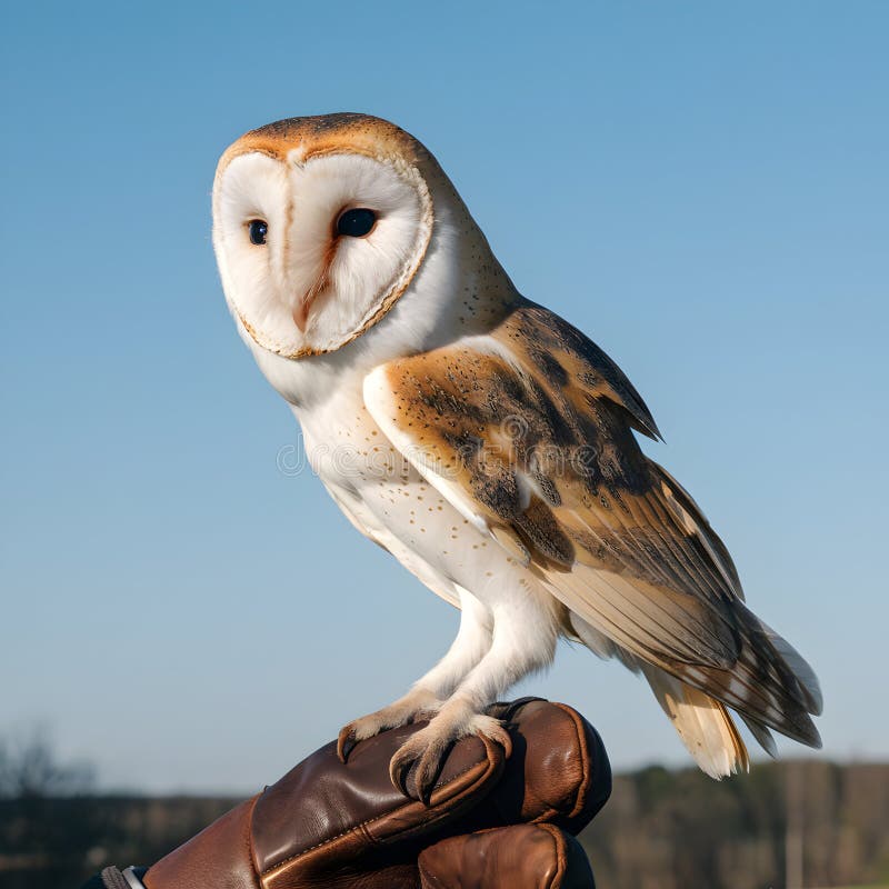 Barn Owl Perched on a Gloved Hand Stands Against a Clear Blue Sky Stock ...