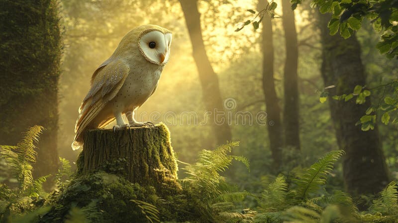Barn Owl Perching on Mossy Tree Stump in Magical Forest Stock Photo ...