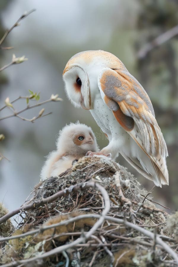 Barn Owl Protecting Owlet in Nest in Tree Stock Image - Image of ...