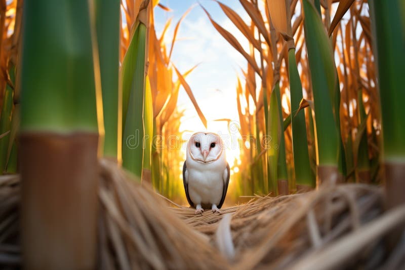 Barn Owl between Rows of Corn at Sunset Stock Illustration ...