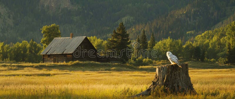 A Barn Owl Sat on a Tree Stump, with a Rustic Cabin Visible Behind it ...