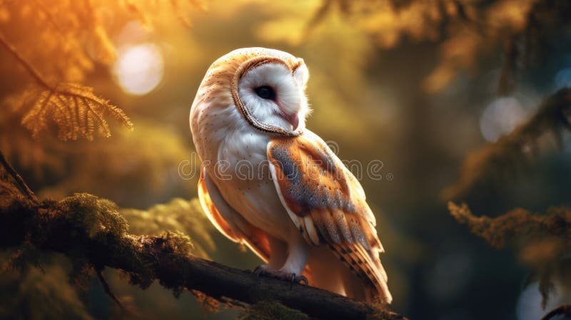 Barn Owl Sit on Stump in Autumn Forest - Tyto Alba Stock Photo - Image ...