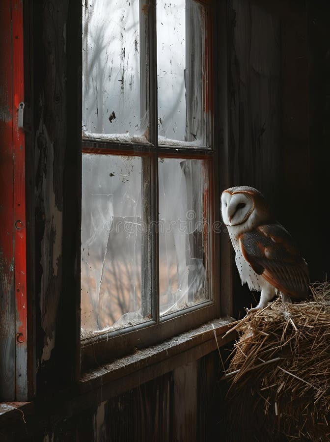 A Barn Owl is Sitting on the Hay in Front of a Window Stock ...