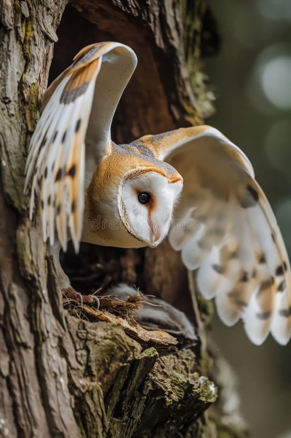 Barn Owl Spreading Wings in Nest Inside Tree Trunk Stock Image - Image ...