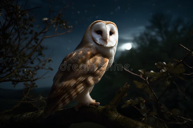 Barn Owl (Tawny Owl) Sitting on a Branch at Night Stock Illustration ...