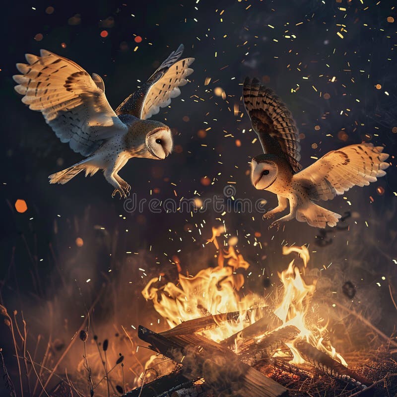 Barn Owls Flying Over a Bonfire with Sparks Rising into the Night Sky ...