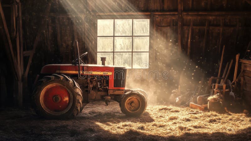 Barn Scene with an Old Tractor and Farm Tools, Sunlight Filtering ...