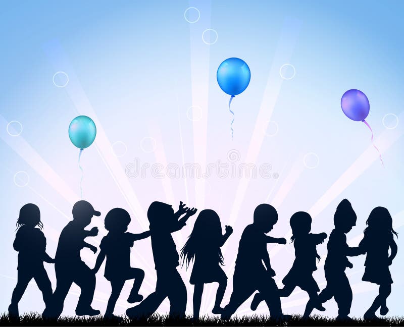 Barn dansar med ballonger vektor illustrationer. Illustration av händer ...