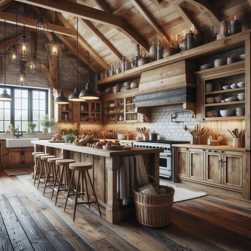 Barn Style a Rustic Kitchen with a Focus on Natural Mater Stock ...