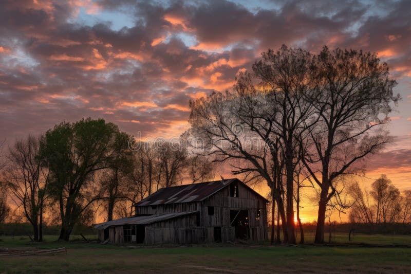Barn with Towering Trees and Sunset Sky in the Background Stock ...