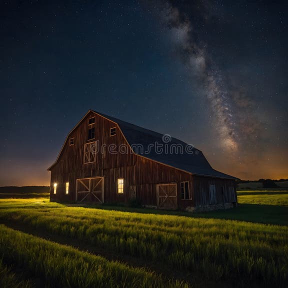 Barn Under Starry Night Sky with Soft Interior Lighting Stock Photo ...