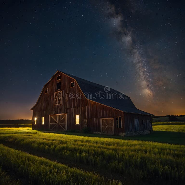 Barn Under Starry Night Sky with Soft Interior Lighting Stock Photo ...
