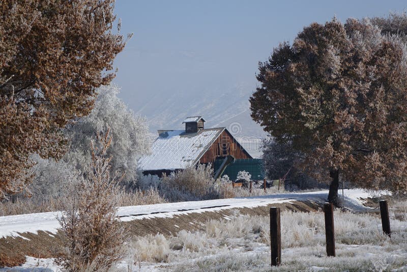 Barn and Winter Trail stock photo. Image of shapes, trees - 46980794