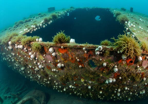 Barnacles and Algae on Underwater Shipwreck Hull Stock Illustration ...