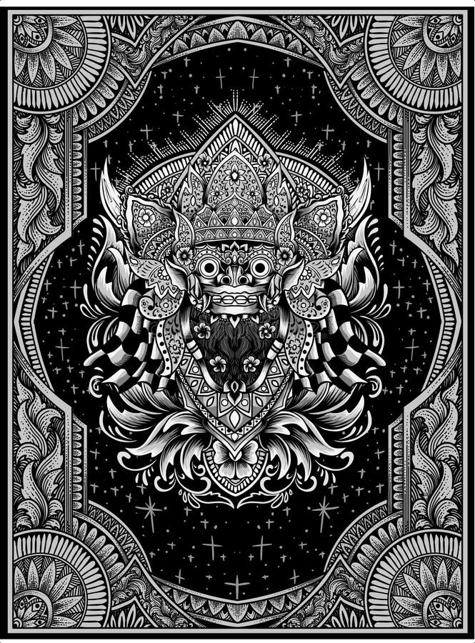 Barong Head with Vintage Engraving Ornament Stock Vector - Illustration ...